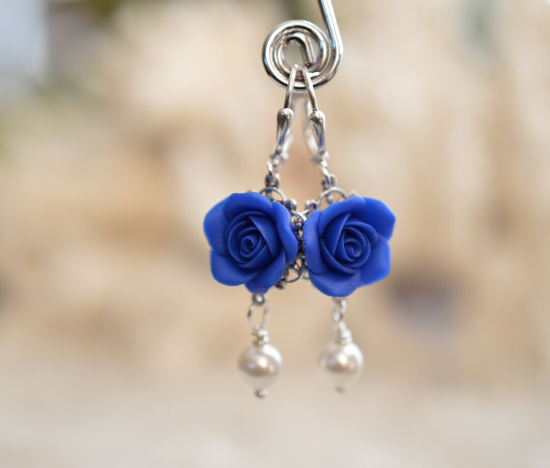 Royal Blue Rose Earrings, Royal Blue Flower Earrings, Bridesmaid ...