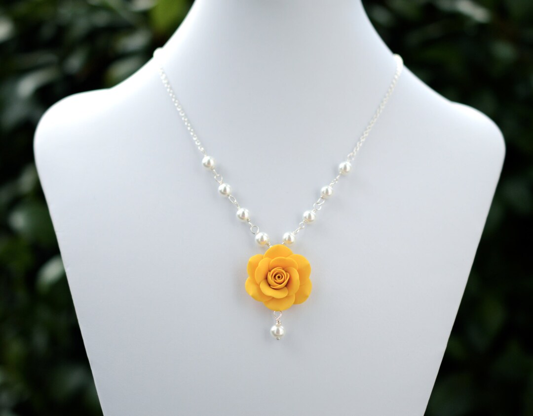 Golden Yellow Rose Necklace, Yellow Bridesmaid Necklace, Yellow Spring ...