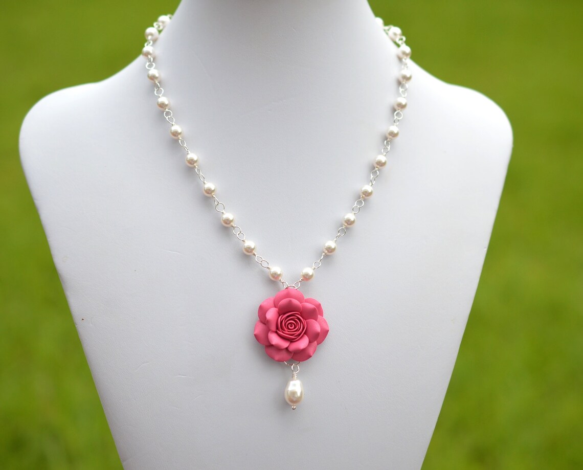 Paradise Pink Rose and Full Beaded Pearls in Centered Necklace | Etsy