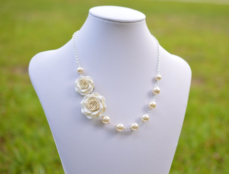 Double Ivory Rose Necklace , Ivory Rose Asymmetrical Necklace, Ivory ...