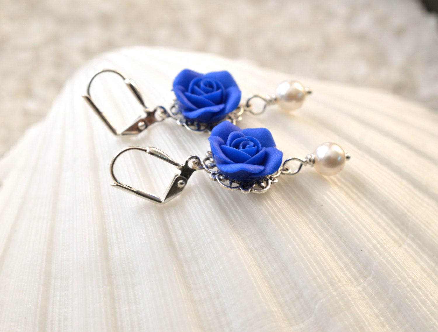 Royal Blue Rose Earrings, Royal Blue Flower Earrings, Bridesmaid ...