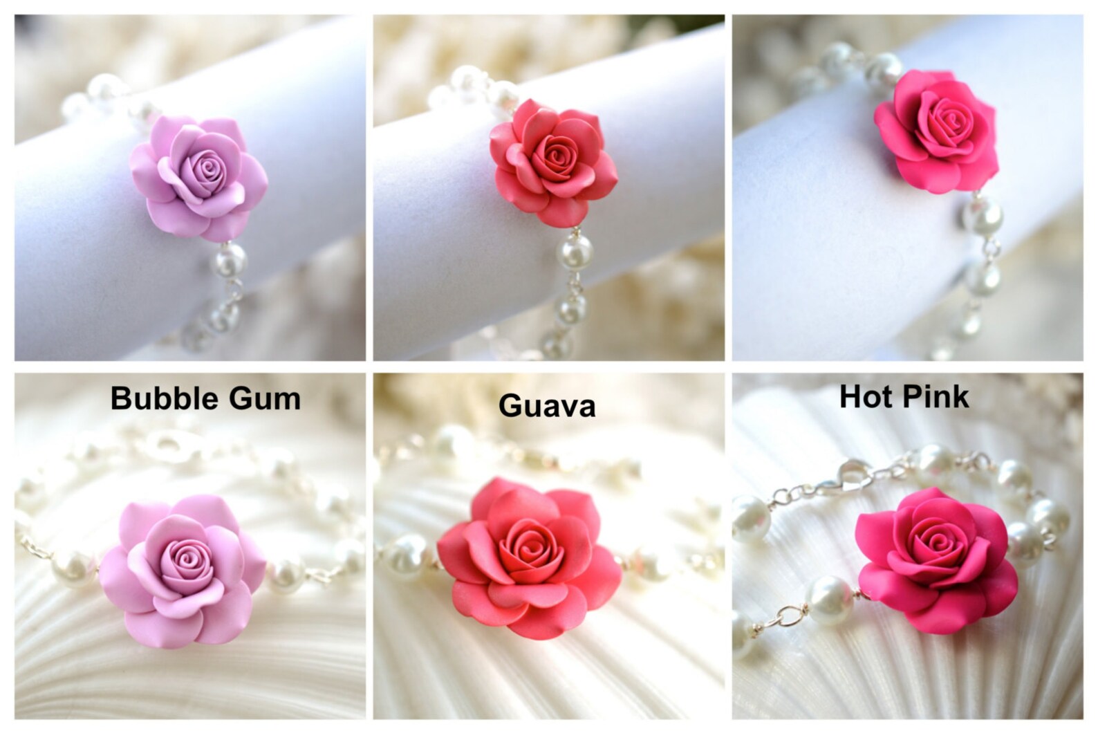 Pink Shade Rose and Pearls Bracelet, Hot Pink Rose Bracelet, Flower ...