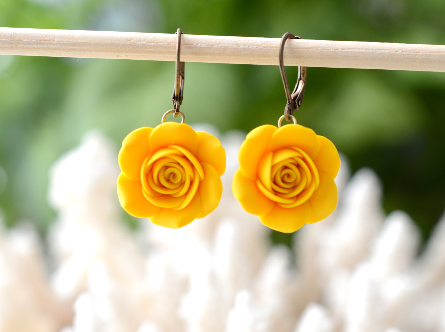 Yellow Rose Dangle Earrings, Yellow Rose Earrings, Yellow Bridesmaid ...