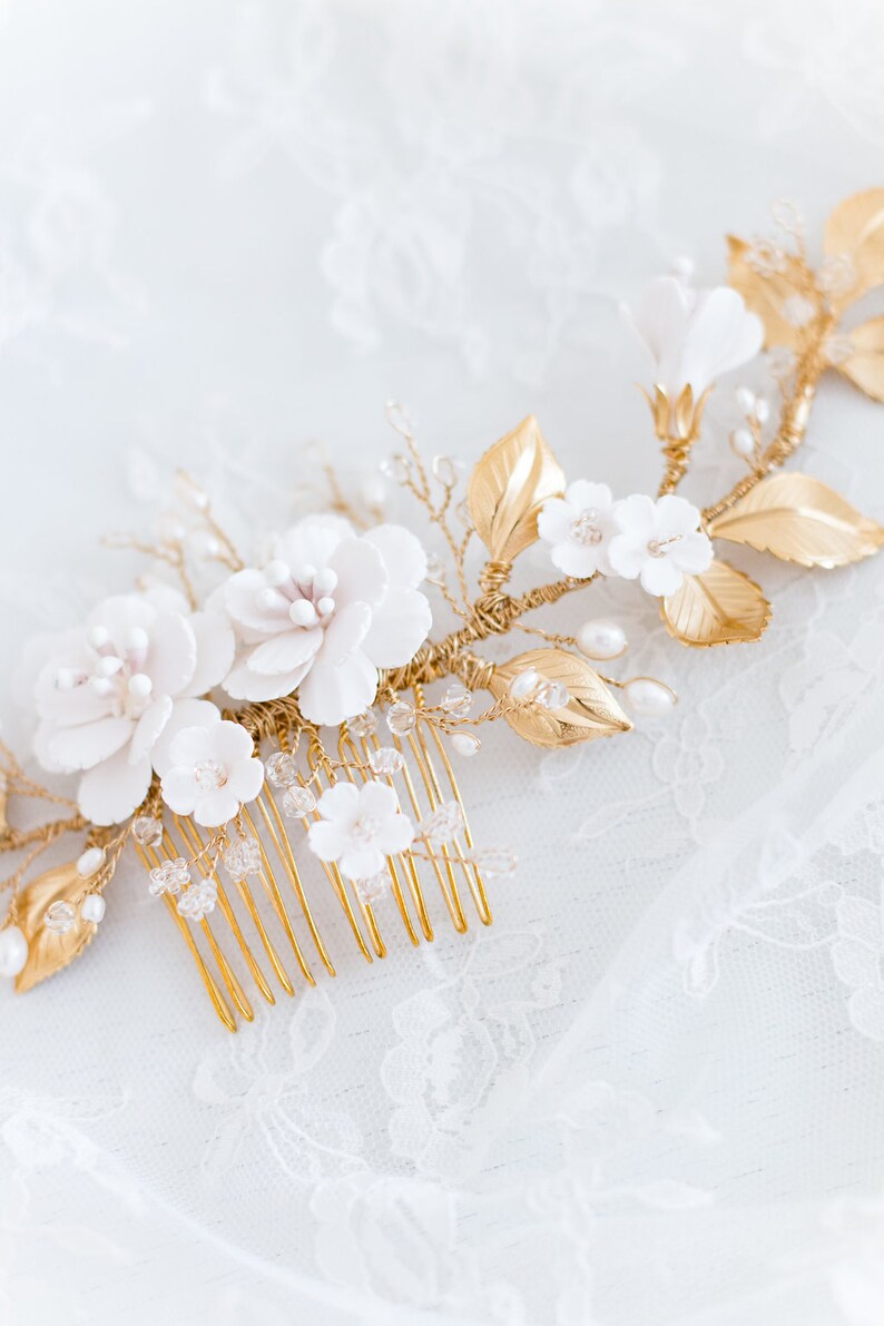 White Cherry Blossom Gold Metal Leaves Hair Vine. Sakura - Etsy