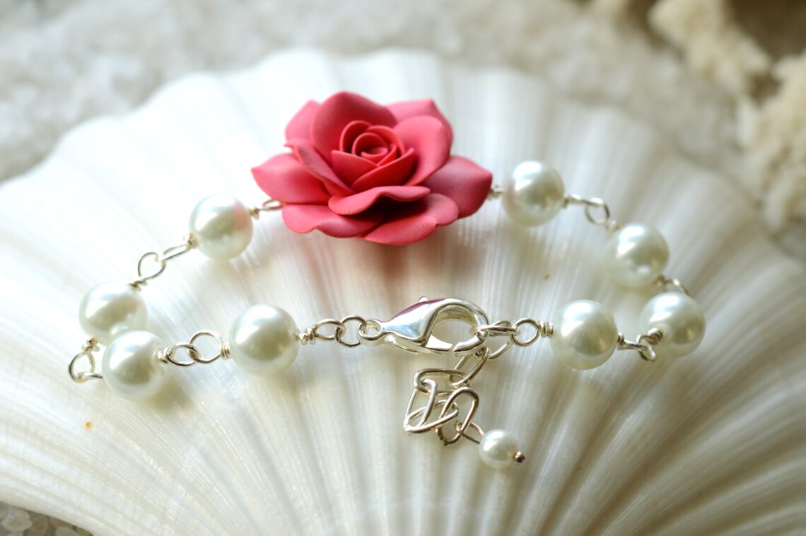 Pink Shade Rose and Pearls Bracelet Hot Pink Rose Bracelet - Etsy