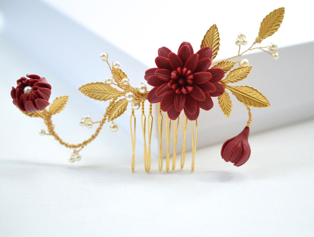 Red Garnet Dahlia and Leaves Hair Comb. Red Floral Headpiece. Red ...