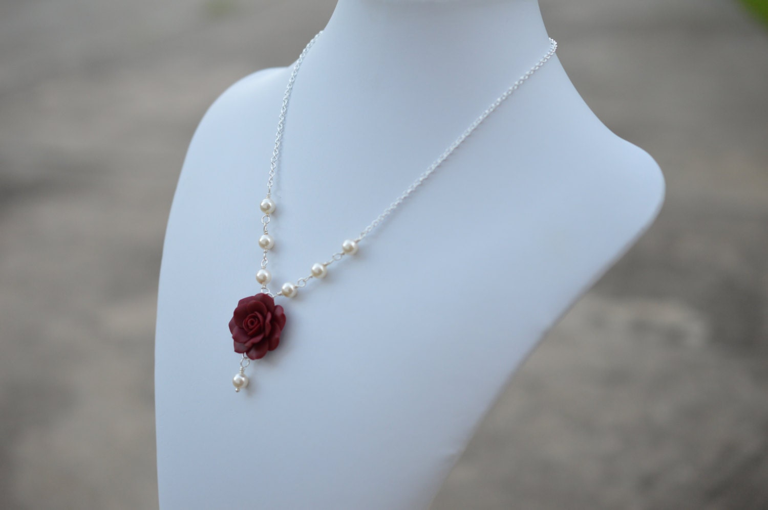 Deep Red Rose and Pearls Centered Necklace Red Garnet Rose - Etsy