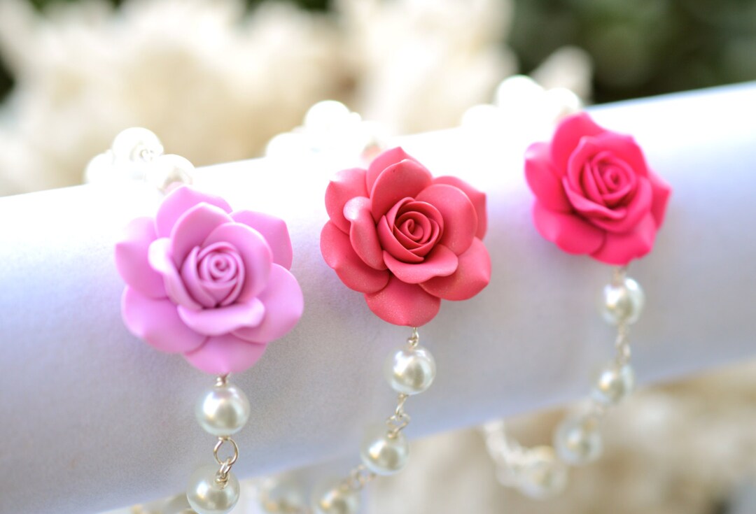 Pink Shade Rose and Pearls Bracelet, Hot Pink Rose Bracelet, Flower ...
