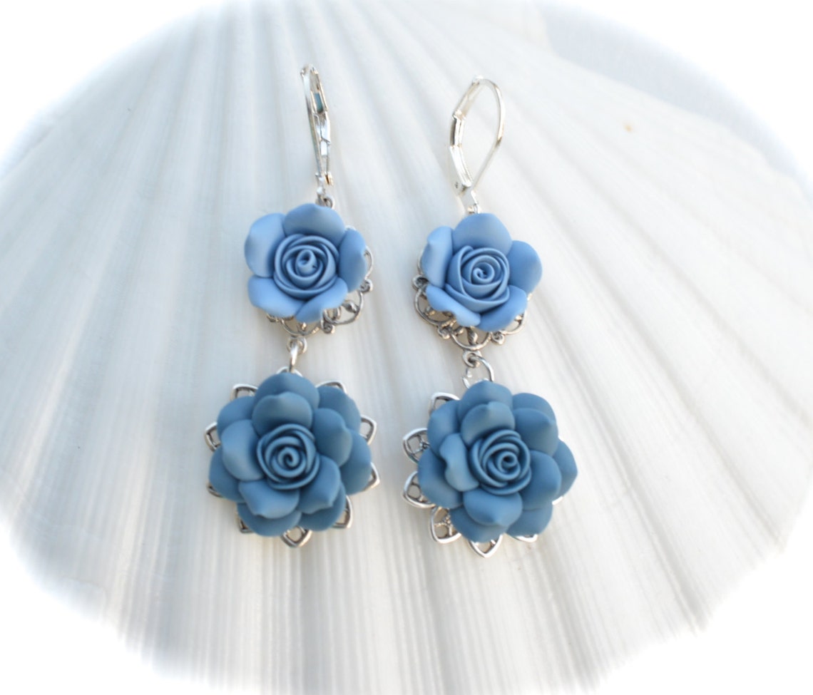 Mardy Double Roses Earrings in Dusty Blue and Claudy Blue | Etsy