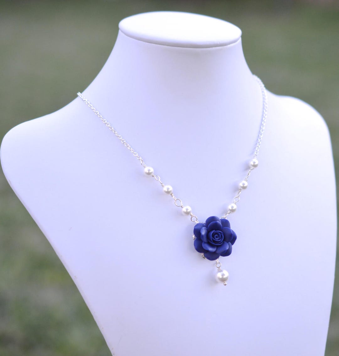 Navy Blue Rose Centered Necklace. Blue Bridesmaid Necklace - Etsy