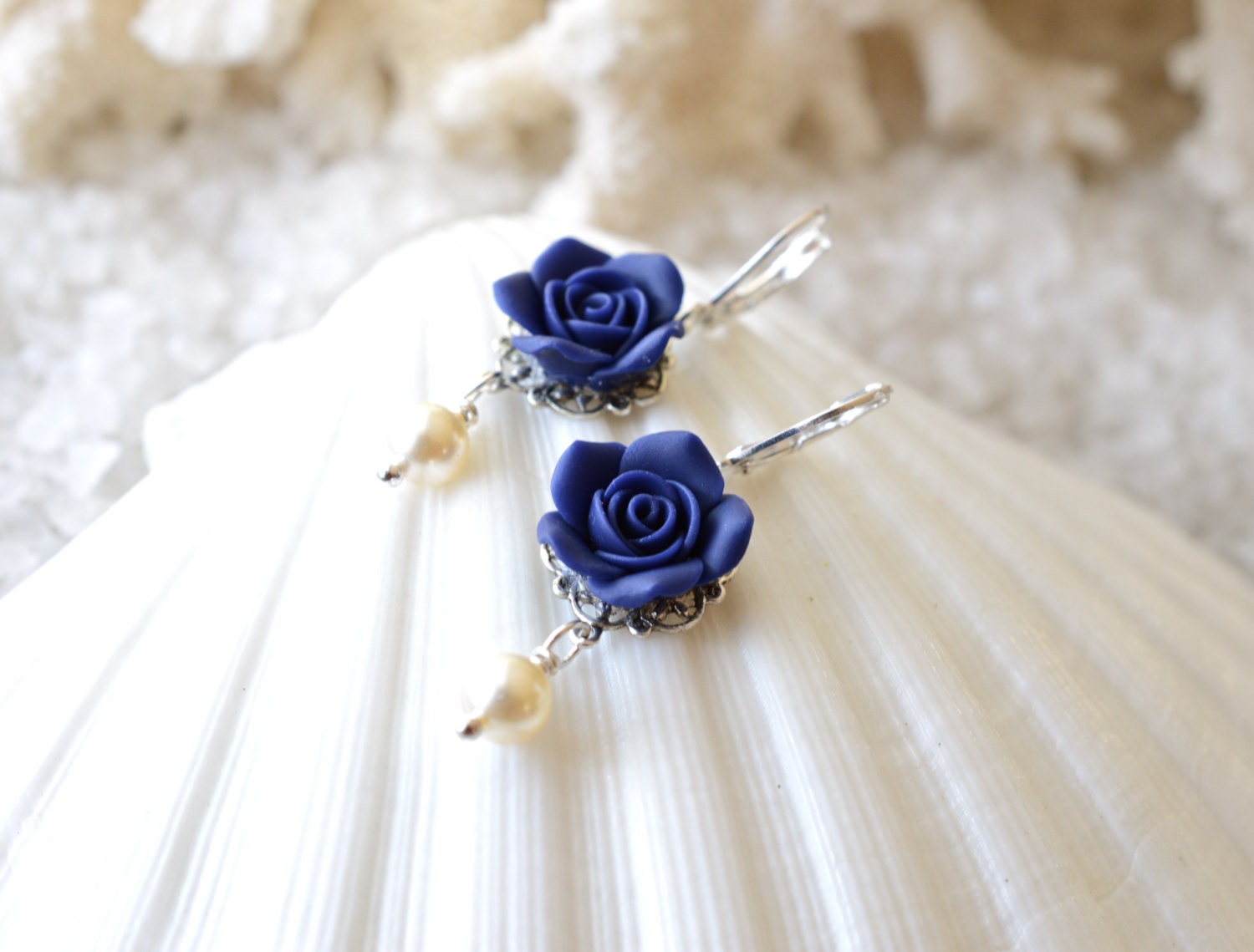 Navy Blue Rose Earrings Navy Blue Flower Earrings Navy Blue | Etsy