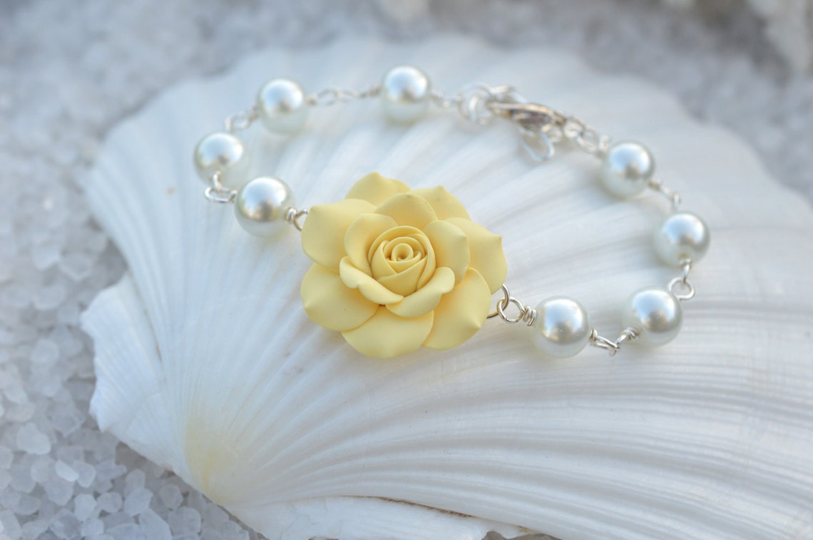 Yellow Rose and Pearls Bracelet Pale Yellow Rose Bracelet | Etsy