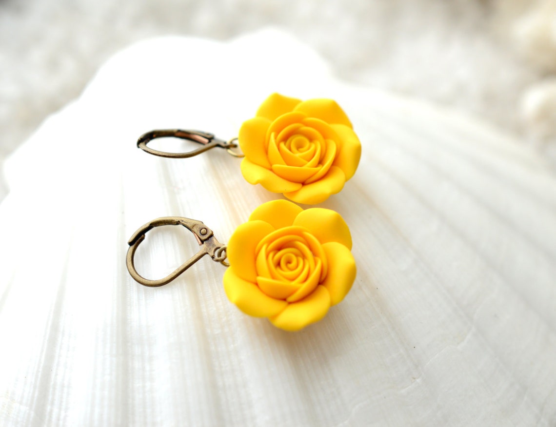 Yellow Rose Dangle Earrings, Yellow Rose Earrings, Yellow Bridesmaid ...