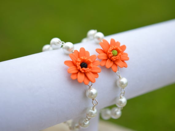 Orange Gerbera Daisy and Pearls Bracelet Orange Flower Bracelet Fall Flower Jewelry