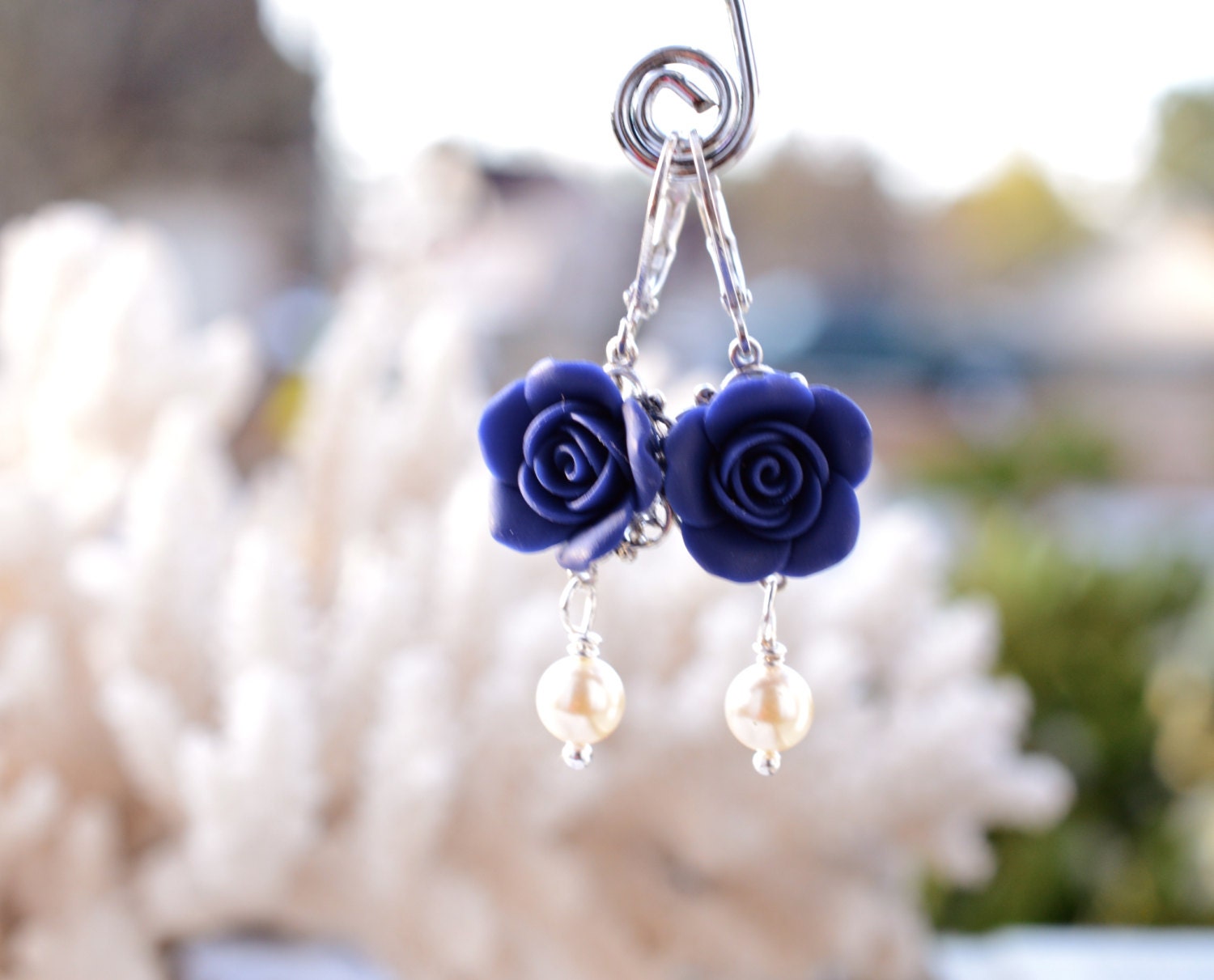 Navy Blue Rose Earrings Navy Blue Flower Earrings Navy Blue | Etsy