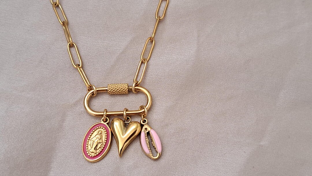 18K Gold Plate Heart Charm Pink Cowrie Faith Necklace Caribiner Gold ...