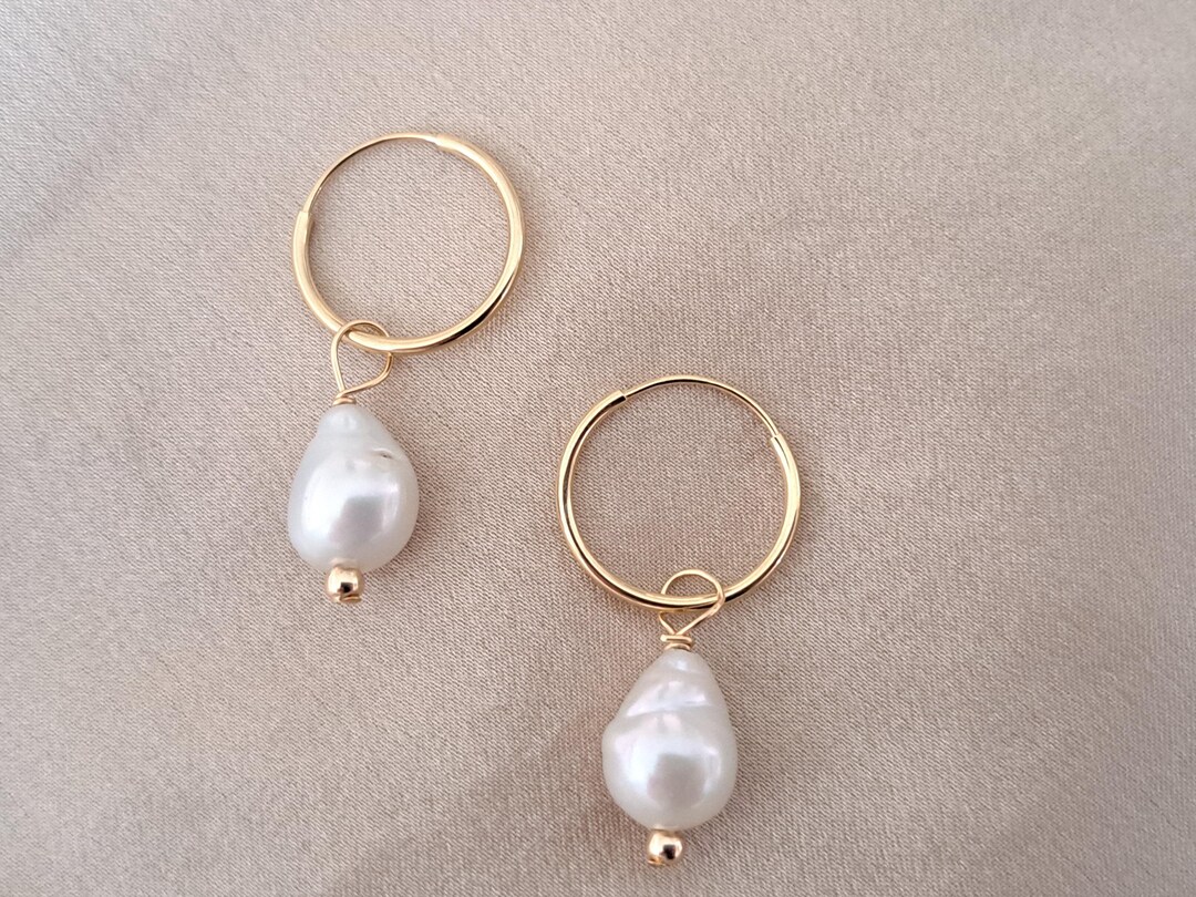 Stunning 14K Solid Gold Sleeper Hoops With Akoya Baroque Pearls and 14K ...