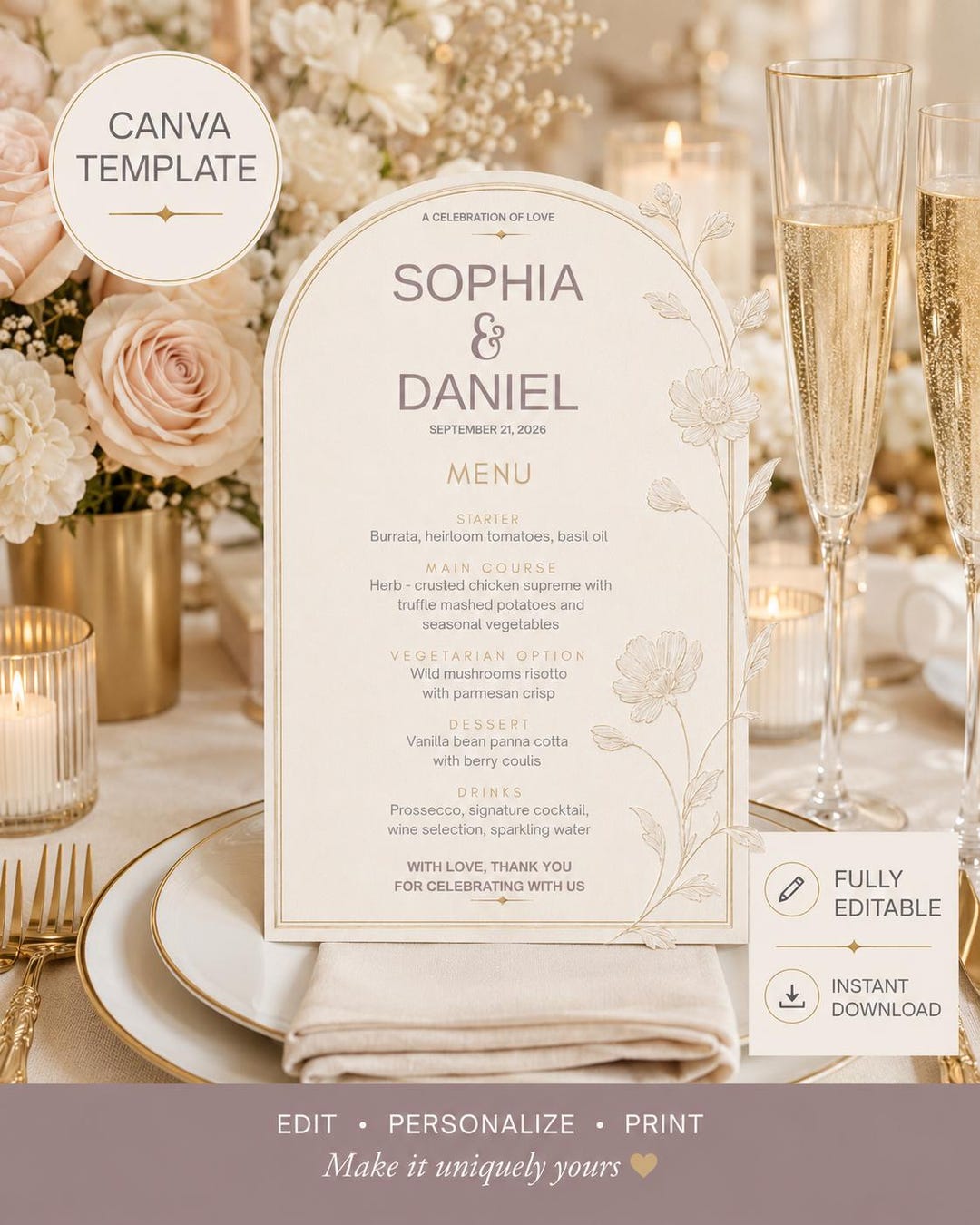 Editable Luxury Wedding Menu Template, Table Card, Printable Reception ...