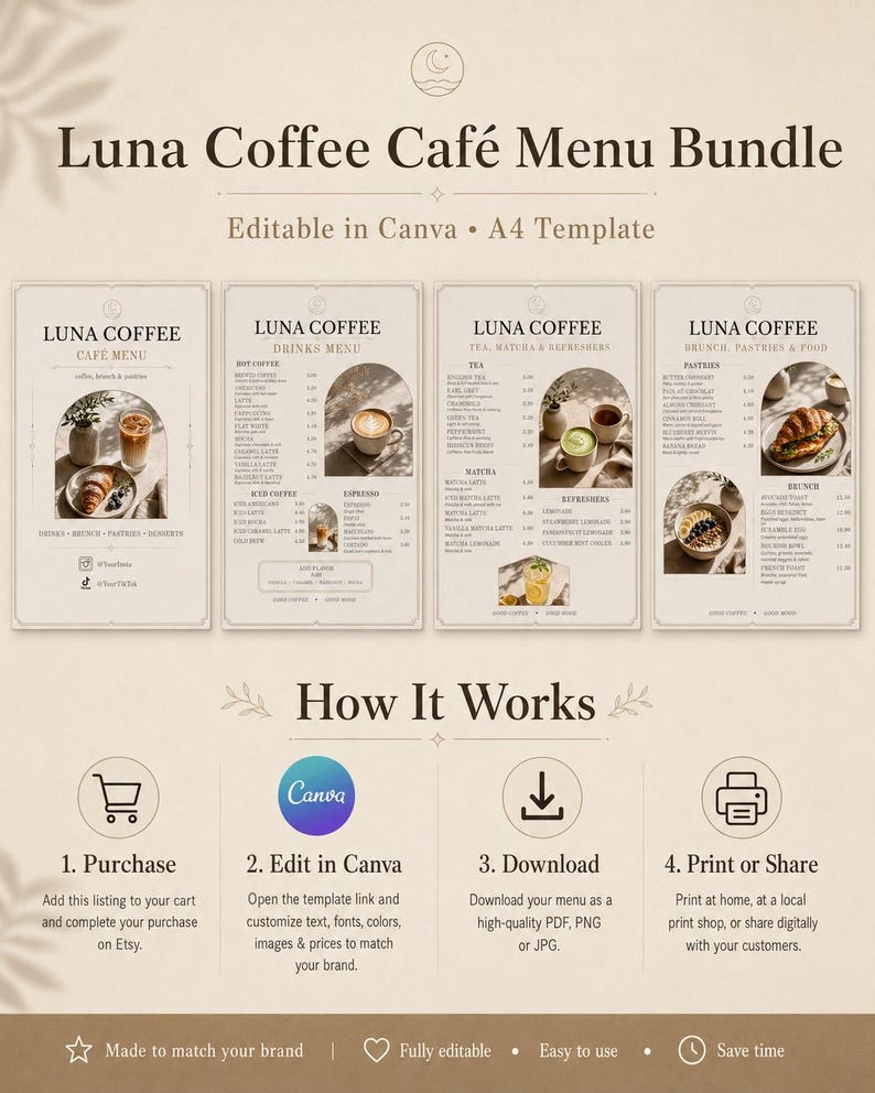 Editable Café Menu Bundle Canva Template, 4-page A4 Menu (digital ...