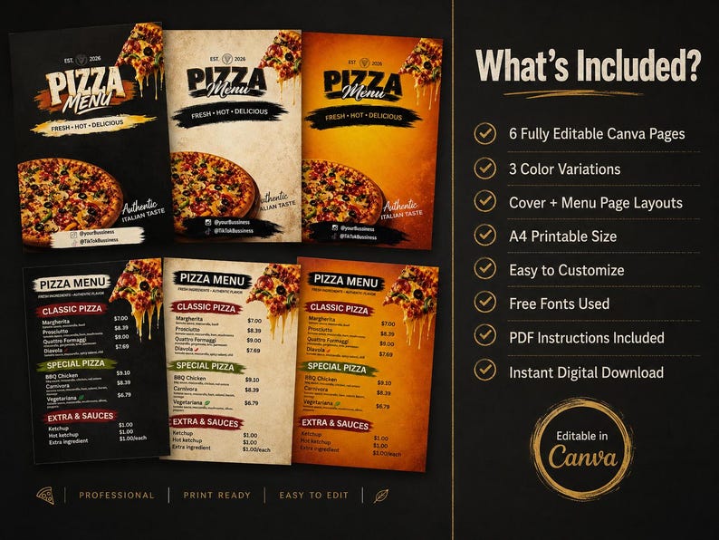 Editable Pizza Menu Canva Template, A4 & US Letter, Printable, Digital ...
