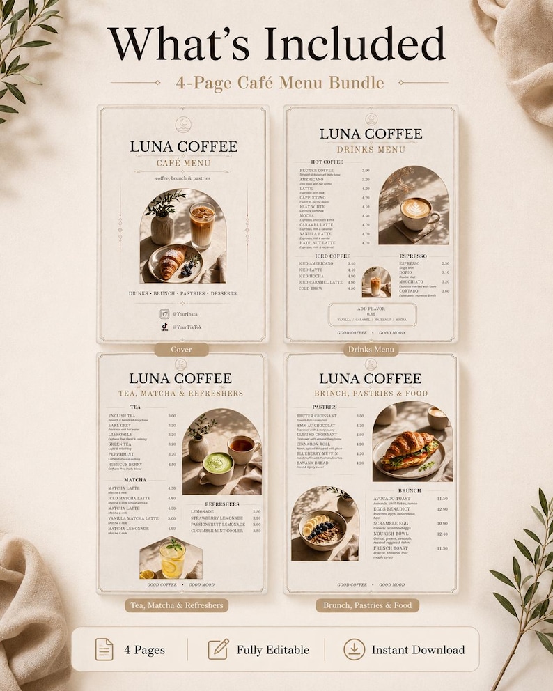 Editable Café Menu Bundle Canva Template, 4-page A4 Menu (digital ...