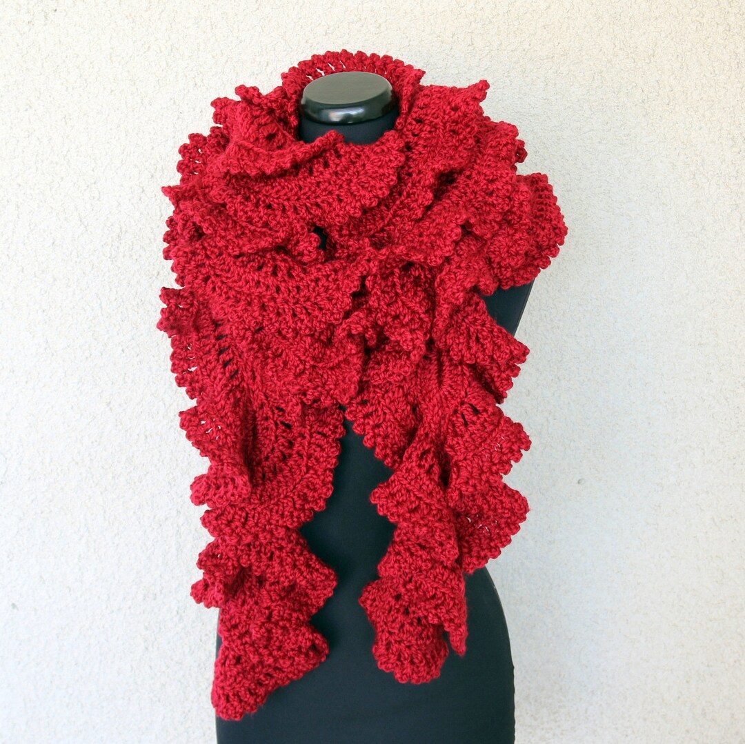 Red Crochet Ruffle Scarf, Warm Scarf Women, Burgundy Scarf, Hand ...