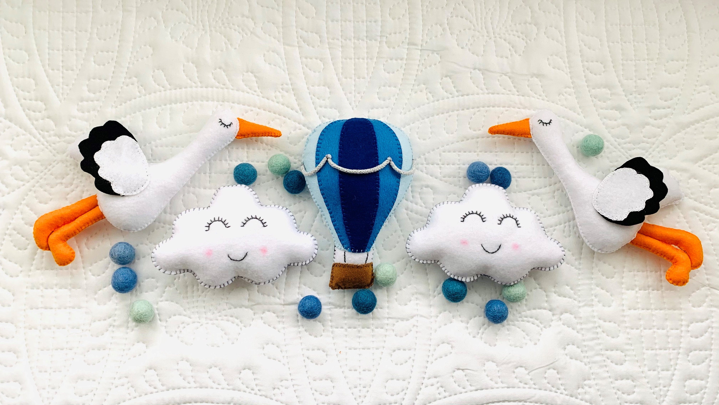 Felt Stork Delivery, Hot Air Balloon and Cloud Bunting Garland Wall ...