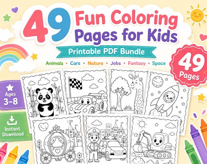 Kids Coloring Book Bundle, 49 Pages Animals Cars Nature Jobs (PDF ...