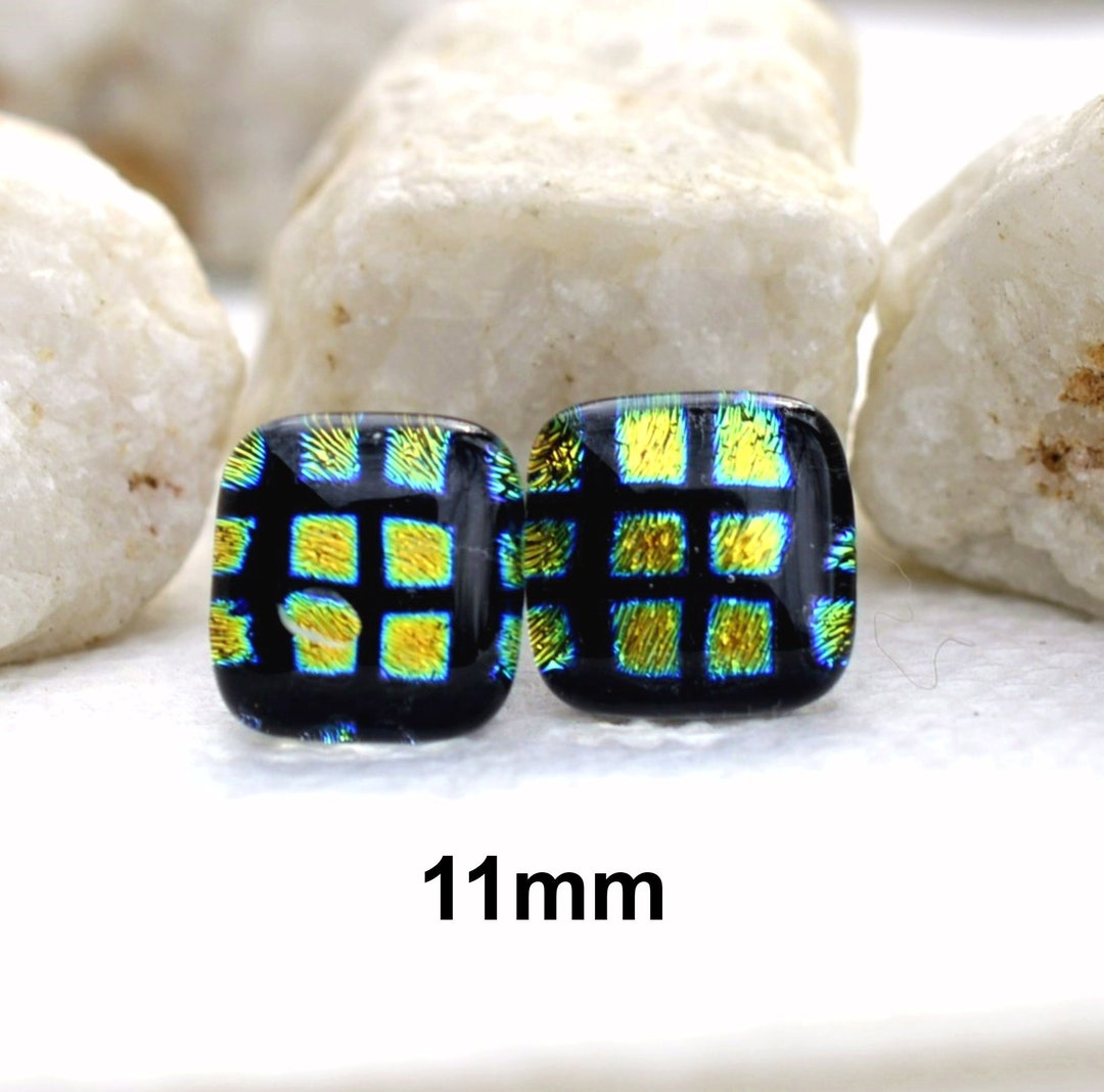 Black Check Pattern Square Fused Glass Studs, 11mm Dichroic Glass Studs ...