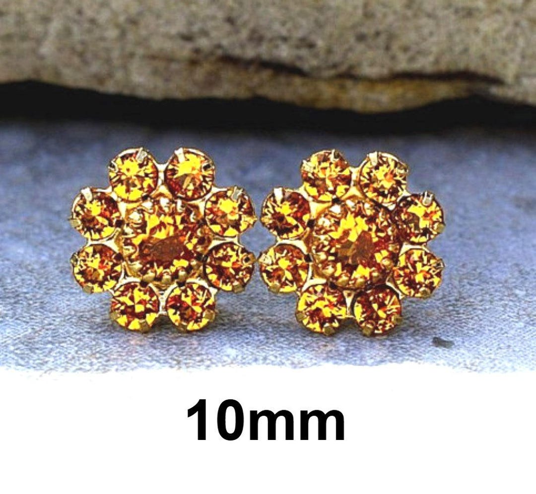 10mm Topaz Gold Cluster Earrings, Topaz Rhinestone Studs, Cluster ...
