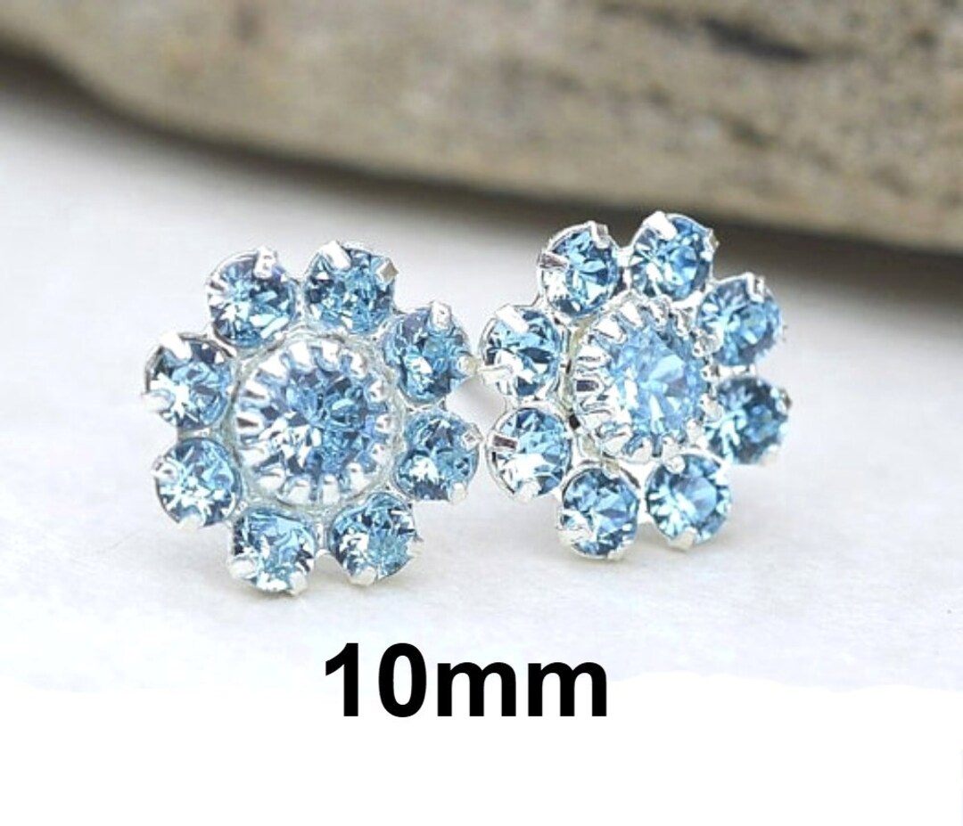 Aquamarine & Silver Flower Cluster Stud Earrings, 10mm Crystal Cluster ...