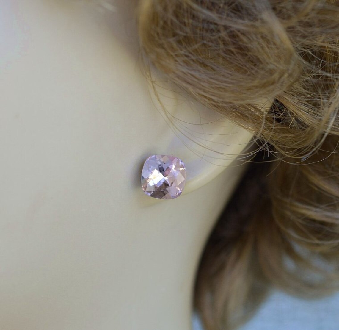 Vintage Rose Crystal Studs, 10mm Pink Cushion Cut Studs, Rhinestone ...