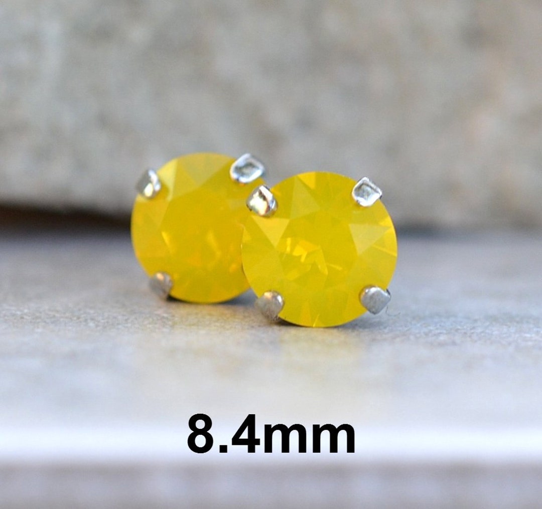 Yellow Studs, Yellow Opal Earrings, 8.4mm Crystal Studs in Settings ...