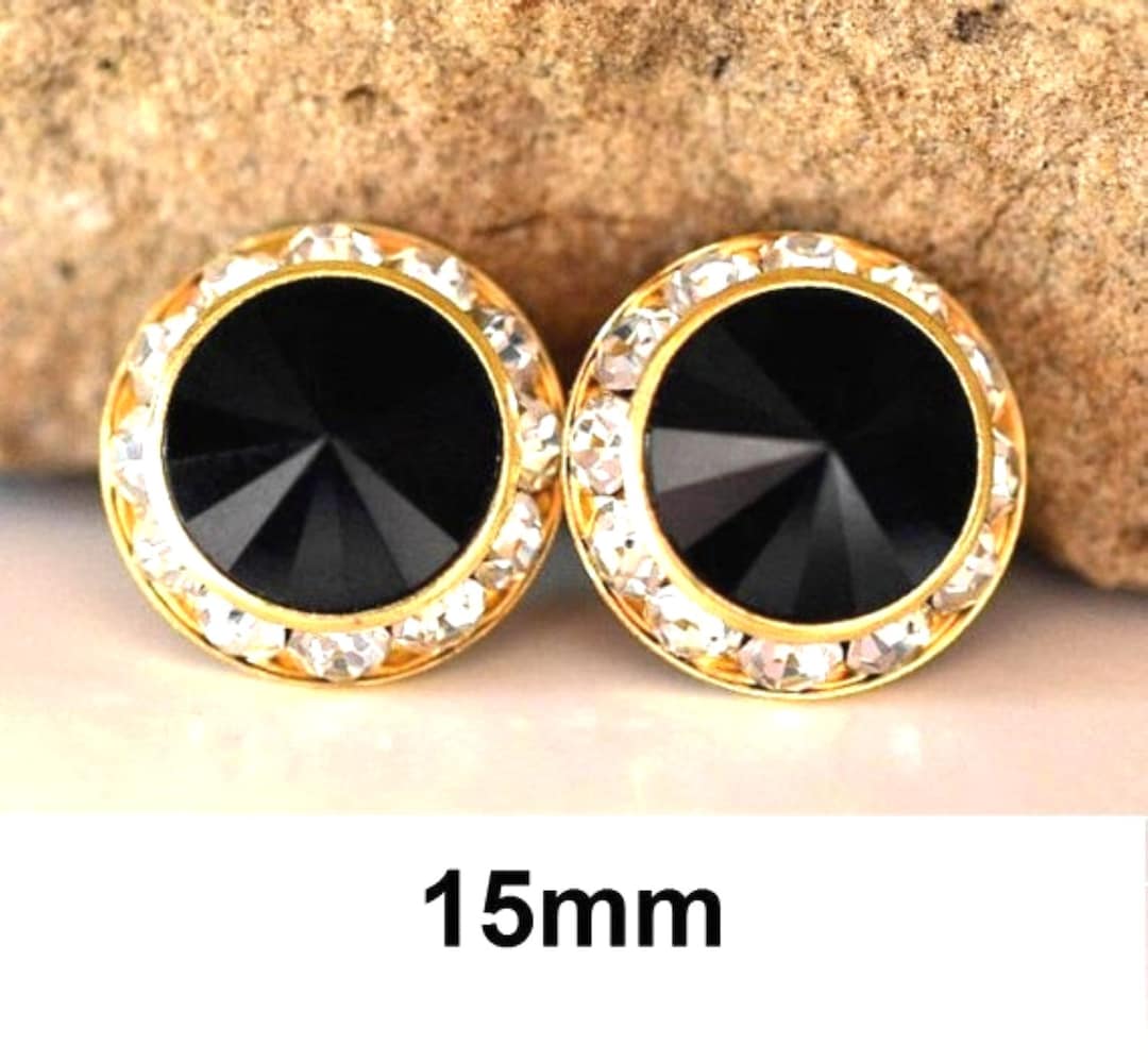 Jet Black & Gold Studs, Black Crystal Halo Studs, 15mm Black Crystal ...