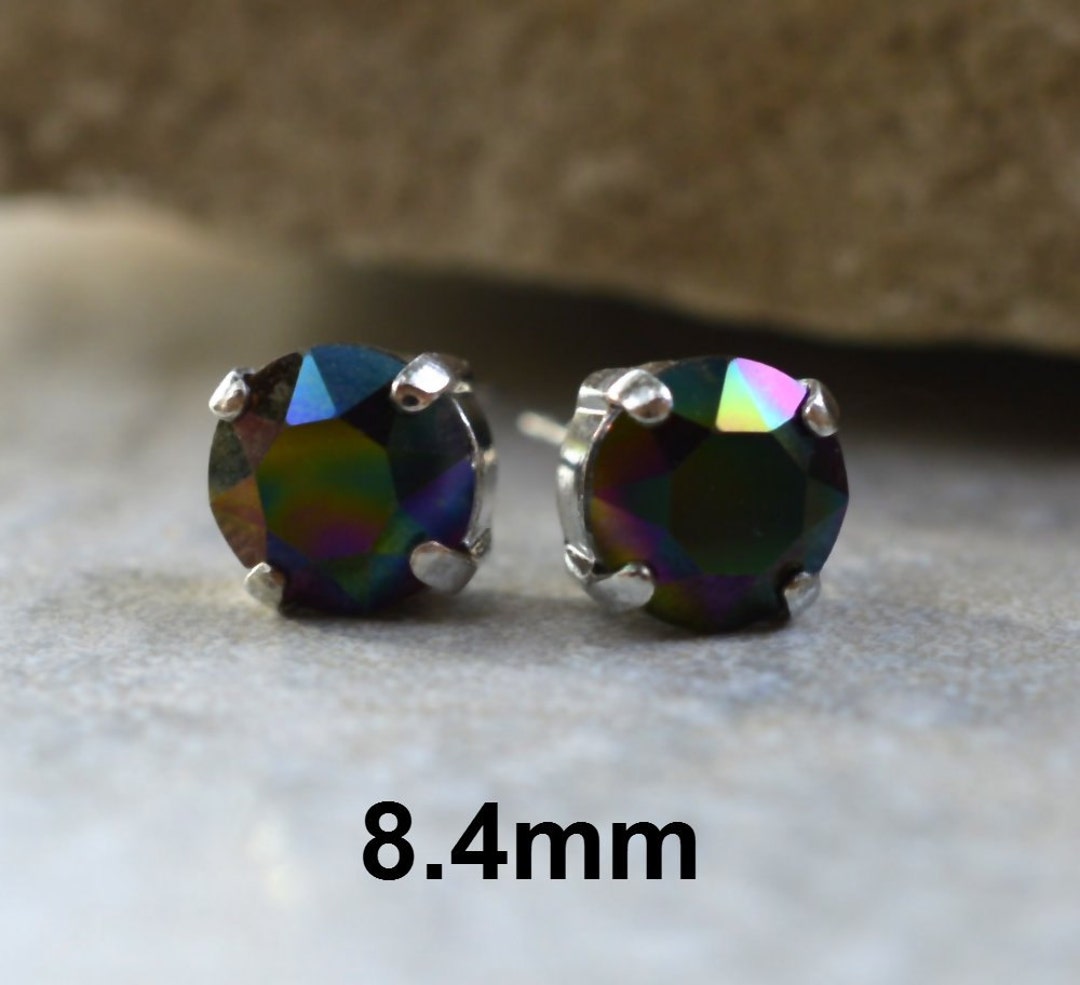 Dark Rainbow Earrings, Stud Earrings, Crystal Stud, Rhodium Silver ...