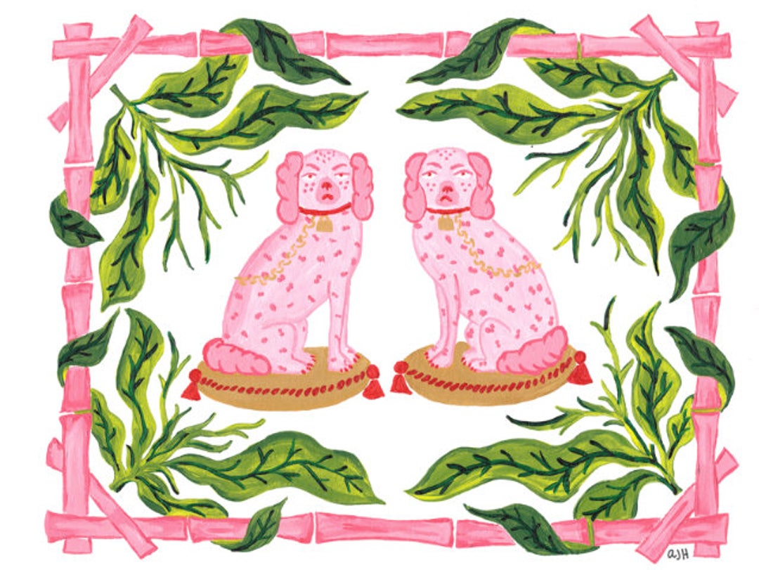 Buffy & Muffy the Pink DOGS Pink and Green Bamboo Border Art - Etsy