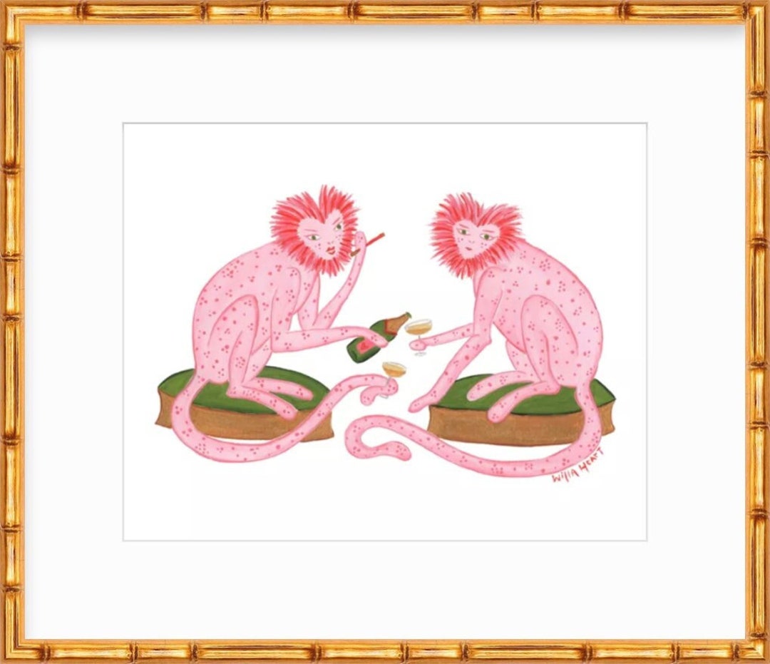 Chic and Preppy Pink Bar Cart Drinking Champagne Monkeys by Willa Heart ...