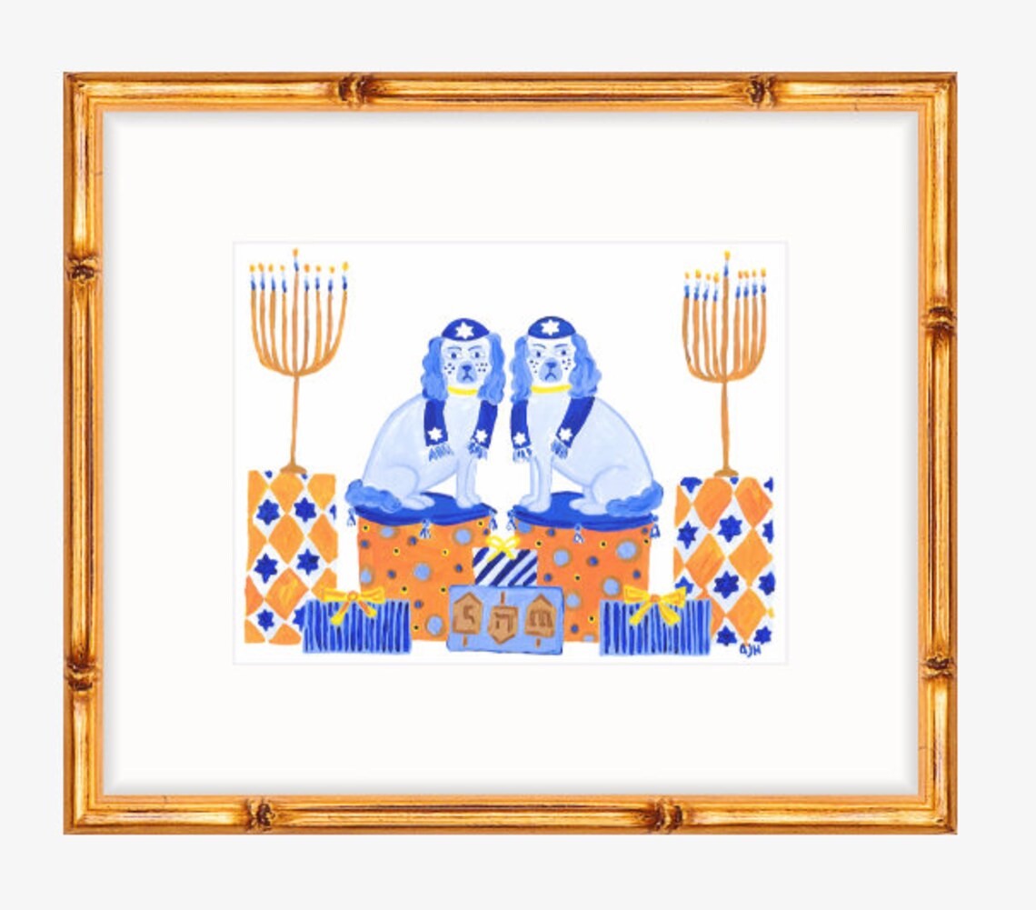 Charming Hanukkah Art Print: Staffordshire Dogs Latke & Knish in Blue ...