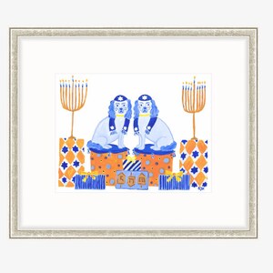 Charming Hanukkah Art Print: Staffordshire Dogs Latke & Knish in Blue ...