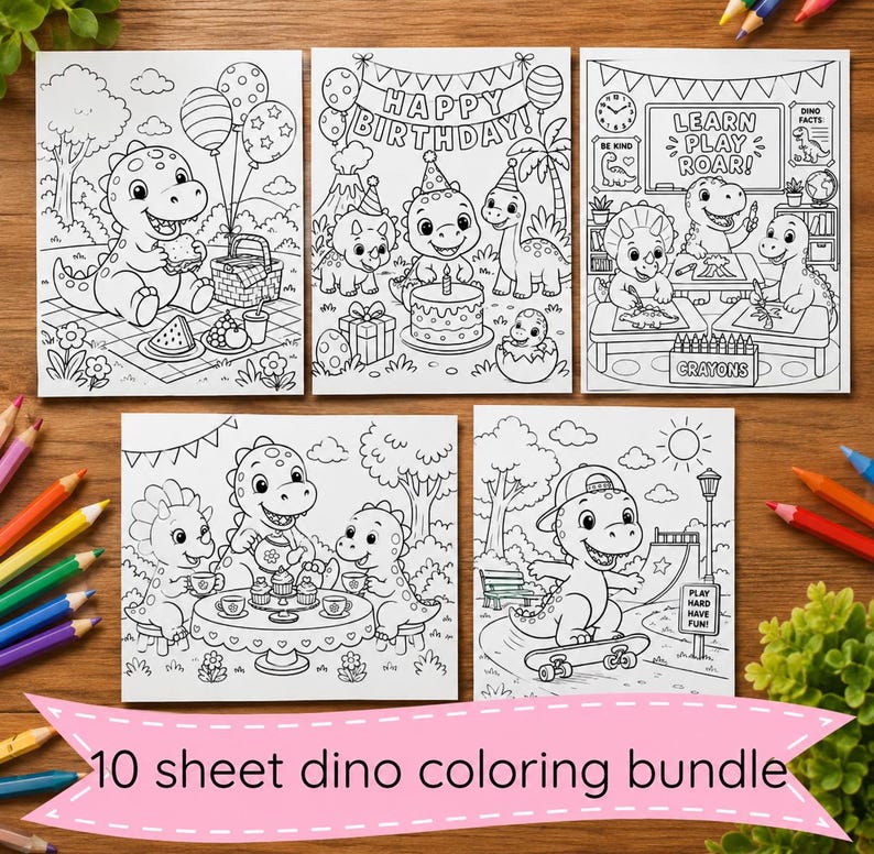 Cute Dinosaur Coloring Pages Bundle, Printable Dino Coloring Sheets ...