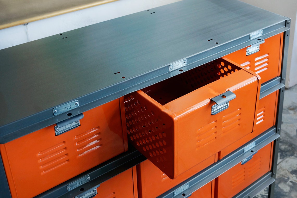 3 X 3 Reclaimed Locker Basket Unit With Tangerine Finish Drawers and ...