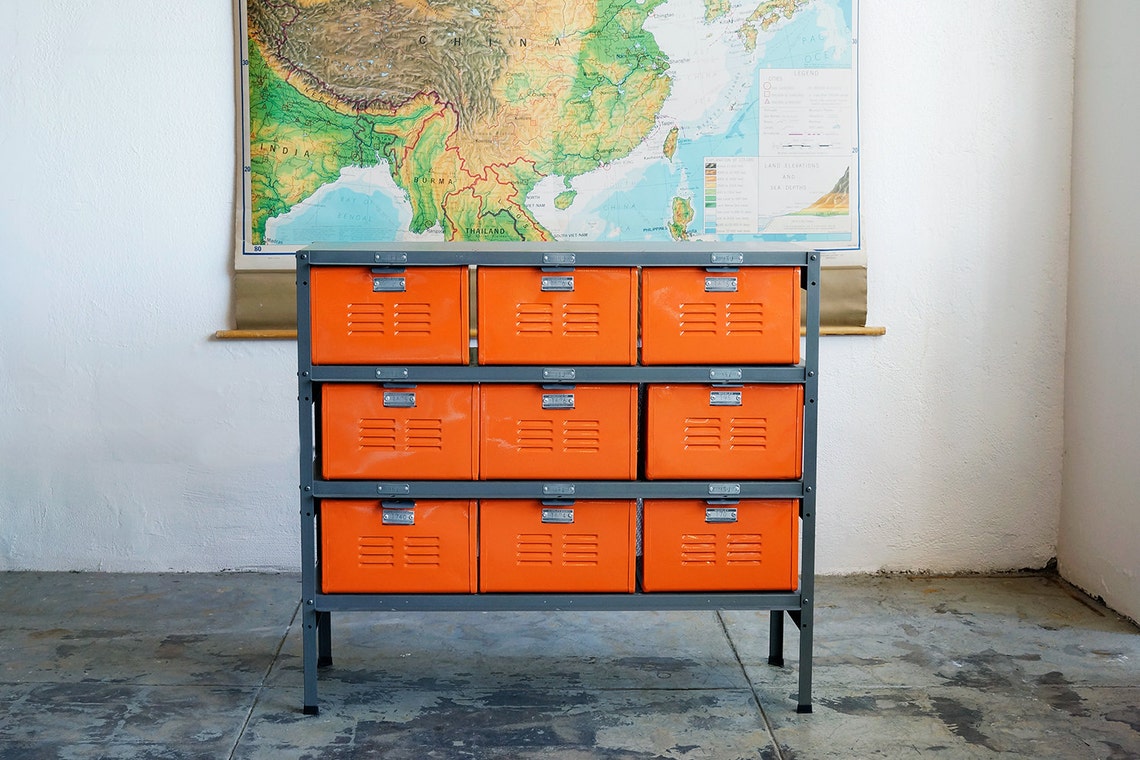 3 X 3 Reclaimed Locker Basket Unit With Tangerine Finish Drawers and ...