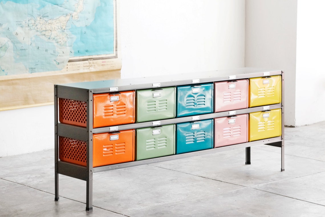 5 X 2 Reclaimed Locker Basket Unit With Natural Steel Frame and ...