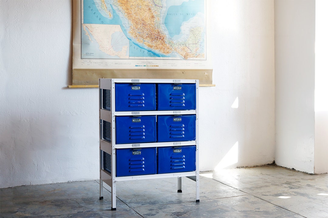2 X 3 Reclaimed Locker Basket Unit With Royal Blue Drawers and White ...