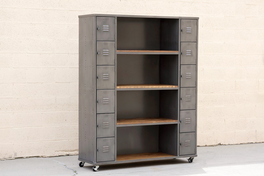 Two-column Wood & Steel Locker and Shelf Unit in Natural Steel, Custom ...