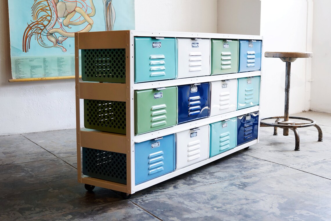 4 X 3 Reclaimed Locker Basket Unit With Sea Foam Colored Drawers and ...