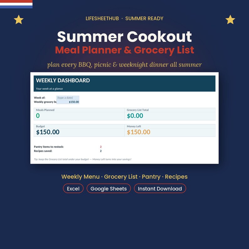 Meal Planner Spreadsheet | Weekly Menu Planner & Auto Grocery List ...