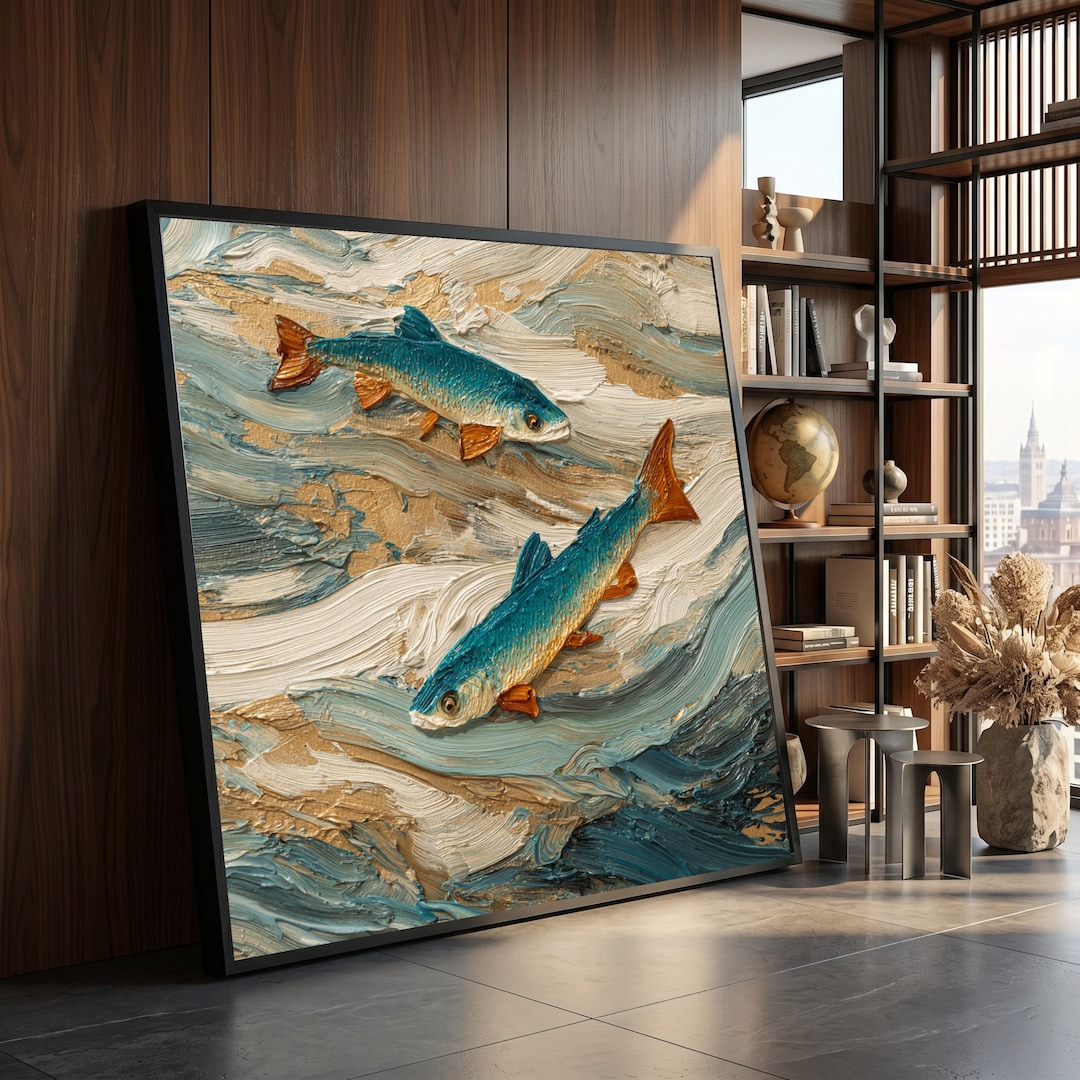 Blue Fish Swimming Canvas Art, Ocean Sea Life Wall Decor, Coastal ...