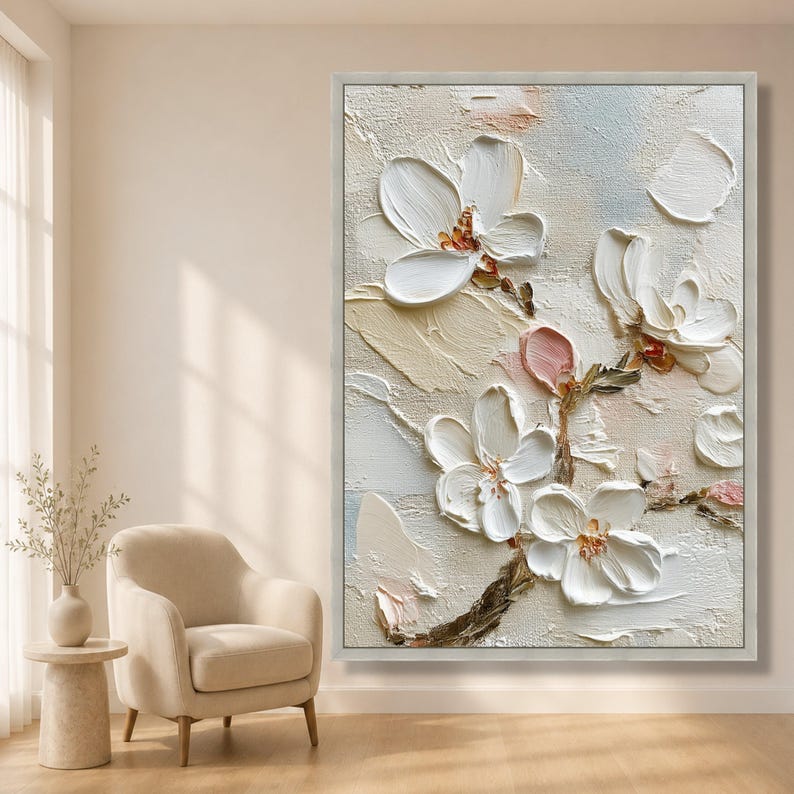 White Magnolia Blossoms Textured Canvas Art, Soft Pastel Floral Wall ...