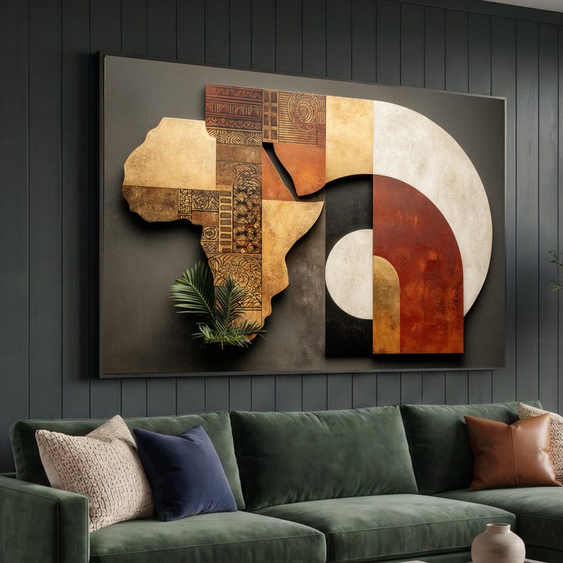 African Continent Canvas Art, Tribal Geometric Earth Tone Wall ...